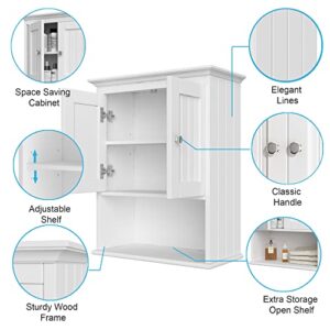 Treocho Wood Wall Cabinet, Bathroom Medicine Cabinet Storage with Doors and Adjustable Shelf, Rustic Cabinet Wall Mounted for Bathroom, Livingroom, Kitchen, Cupboard, White