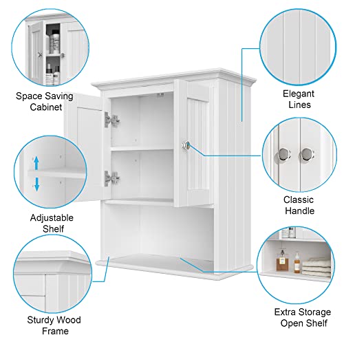 Treocho Wood Wall Cabinet, Bathroom Medicine Cabinet Storage with Doors and Adjustable Shelf, Rustic Cabinet Wall Mounted for Bathroom, Livingroom, Kitchen, Cupboard, White