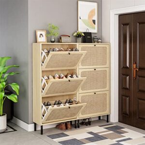 lktart natural rattan shoe storage cabinet 3-tier wood shoe rack storage organizer with shelves for entryway (single)