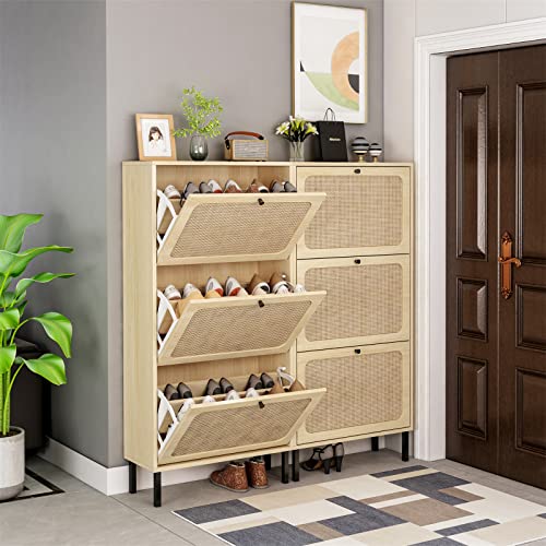 LKTART Natural Rattan Shoe Storage Cabinet 3-Tier Wood Shoe Rack Storage Organizer with Shelves for Entryway (Single)