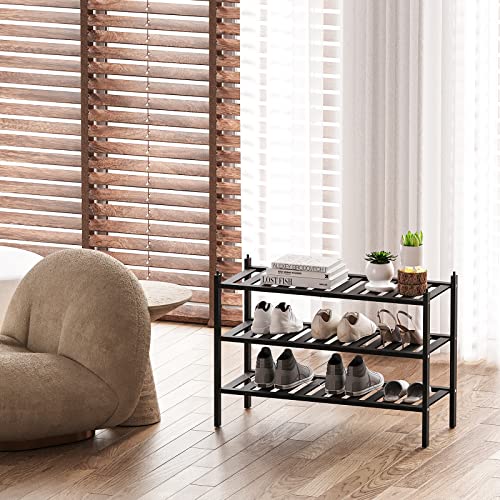 Dranixly Bamboo Shoe Rack, 3 Tier Shoe Shelf Storage Organizer, Shoe Stand for Entryway, Closet, Hallway, Bathroom and Living Room(Black)