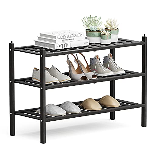 Dranixly Bamboo Shoe Rack, 3 Tier Shoe Shelf Storage Organizer, Shoe Stand for Entryway, Closet, Hallway, Bathroom and Living Room(Black)