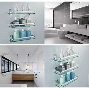 AIJALY 3 Pack Bathroom Glass Shelf,Aluminum Tempered Glass 0.34in Extra Thick Rectangular 1 Tier Storage Organizer Wall Mount,Silver 15.7in