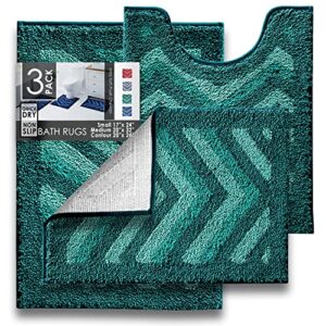 clara clark bathroom rugs, shaggy plush bath mat set, ultra soft bathroom mat, non slip backing rubber, chevron design bath rug set, 3 piece, green