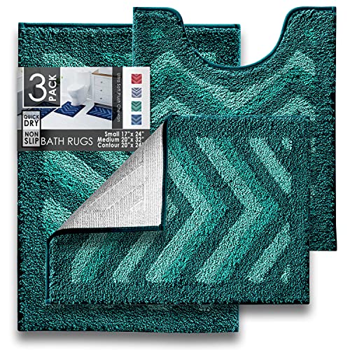 Clara Clark Bathroom Rugs, Shaggy Plush Bath Mat Set, Ultra Soft Bathroom Mat, Non Slip Backing Rubber, Chevron Design Bath Rug Set, 3 Piece, Green