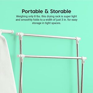 IRIS USA Foldable Drying Rack with Extendable Rods for Large Laundry Loads, Clothes Drying Rack, Freestanding Foldable Laundry Rack, Anti-Skid Feet, Portable and Storable, Silver