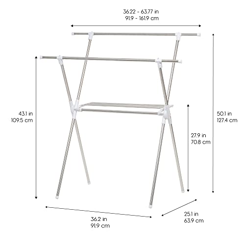 IRIS USA Foldable Drying Rack with Extendable Rods for Large Laundry Loads, Clothes Drying Rack, Freestanding Foldable Laundry Rack, Anti-Skid Feet, Portable and Storable, Silver