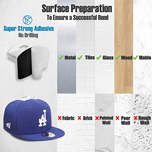 BRATEAYA Hat Hooks for Baseball Caps, Adhesive Hat Racks, Super Strong Ball Cap Holder, No Drilling Hat Organizer for Wall Display, White, 10 Pack