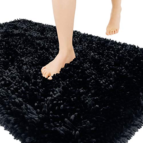 Yimobra Luxury Chenille Bathroom Rug Non-Slip, Extra Soft and Comfortable Bath Mat, Shaggy Rugs Plush Carpet Floor Mats, Super Absorbent and Thick, Machine Washable, 31.5 x 19.8 Inches, Black