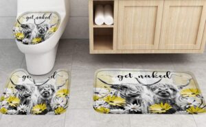 bcsewcg get naked floral shower curtain and bath mat set, farmhouse highland cow funny western bull bathroom mat set with contour toilet mat, mat and toilet lid cover 69x70 inch