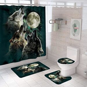 stocauoi wolf 4-piece set shower curtains waterproof, moon 3d shower curtain set, non-slip rug, toilet lid cover and bath mat, bathroom decoration 12 hooks-36" x 72"