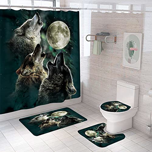 Stocauoi Wolf 4-Piece Set Shower Curtains Waterproof, Moon 3D Shower Curtain Set, Non-Slip Rug, Toilet Lid Cover and Bath Mat, Bathroom Decoration 12 Hooks-36" X 72"