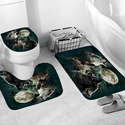 Stocauoi Wolf 4-Piece Set Shower Curtains Waterproof, Moon 3D Shower Curtain Set, Non-Slip Rug, Toilet Lid Cover and Bath Mat, Bathroom Decoration 12 Hooks-36" X 72"