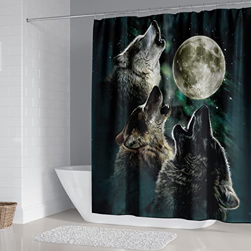 Stocauoi Wolf 4-Piece Set Shower Curtains Waterproof, Moon 3D Shower Curtain Set, Non-Slip Rug, Toilet Lid Cover and Bath Mat, Bathroom Decoration 12 Hooks-36" X 72"