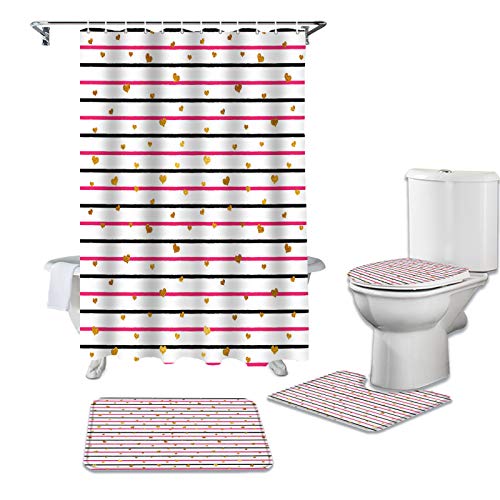 BestLives Valentines Shower Curtain Sets with Rugs Stripe Gold Love Hear Soft Toilet Lid Cover for Bathroom Classic Black Pink Stripe 4 Pcs Bathroom Sets with Bath Mat and 12 Hooks