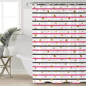 BestLives Valentines Shower Curtain Sets with Rugs Stripe Gold Love Hear Soft Toilet Lid Cover for Bathroom Classic Black Pink Stripe 4 Pcs Bathroom Sets with Bath Mat and 12 Hooks