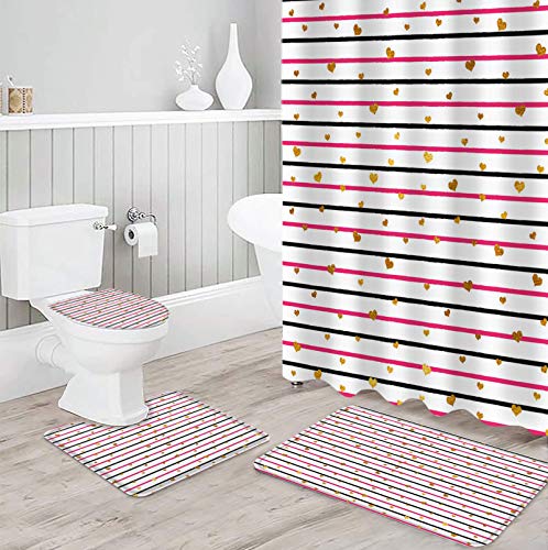 BestLives Valentines Shower Curtain Sets with Rugs Stripe Gold Love Hear Soft Toilet Lid Cover for Bathroom Classic Black Pink Stripe 4 Pcs Bathroom Sets with Bath Mat and 12 Hooks