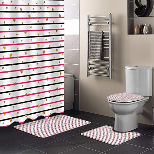 BestLives Valentines Shower Curtain Sets with Rugs Stripe Gold Love Hear Soft Toilet Lid Cover for Bathroom Classic Black Pink Stripe 4 Pcs Bathroom Sets with Bath Mat and 12 Hooks