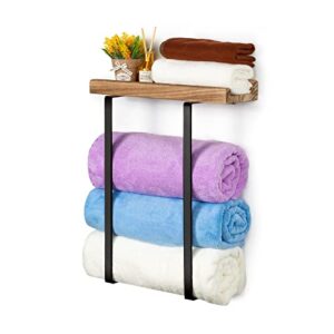 emfogo bathroom towel rack wall mounted bath towel holder with wooden shelf wall towel storage organizer rolled towel shelf for bathroom sauna room rv camper (black)