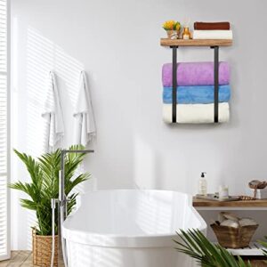 Emfogo Bathroom Towel Rack Wall Mounted Bath Towel Holder with Wooden Shelf Wall Towel Storage Organizer Rolled Towel Shelf for Bathroom Sauna Room RV Camper (Black)