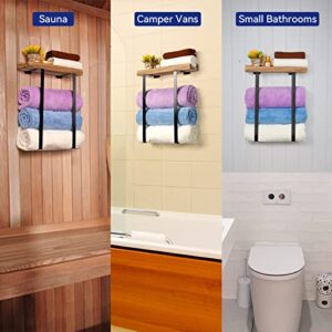 Emfogo Bathroom Towel Rack Wall Mounted Bath Towel Holder with Wooden Shelf Wall Towel Storage Organizer Rolled Towel Shelf for Bathroom Sauna Room RV Camper (Black)