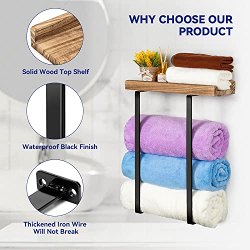 Emfogo Bathroom Towel Rack Wall Mounted Bath Towel Holder with Wooden Shelf Wall Towel Storage Organizer Rolled Towel Shelf for Bathroom Sauna Room RV Camper (Black)