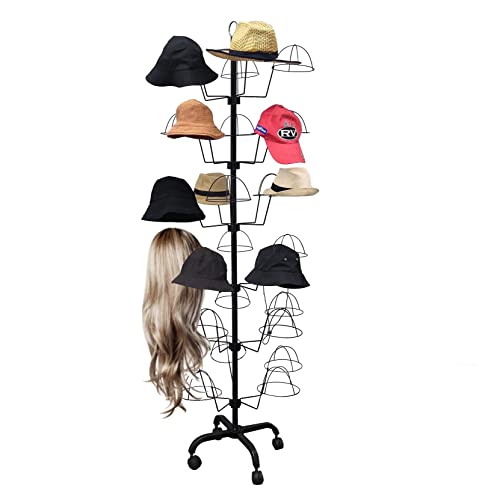 FixtureDisplays 6-Tier Hat Display Rack Free Standing Headwear Wig Rack Metal Floor Rack for Caps, Fits 30 Hats, 22" X 22" X 66" 18164-BLACK