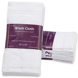 Excellent Deals Wash Cloth [12 Pack, White] - 100% Cotton Washcloth 12" x 12" - Absorbent and Soft Bathroom washcloths - Machine Washable Facecloth - Lint Free Face Towels