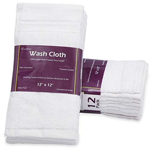 Excellent Deals Wash Cloth [12 Pack, White] - 100% Cotton Washcloth 12" x 12" - Absorbent and Soft Bathroom washcloths - Machine Washable Facecloth - Lint Free Face Towels