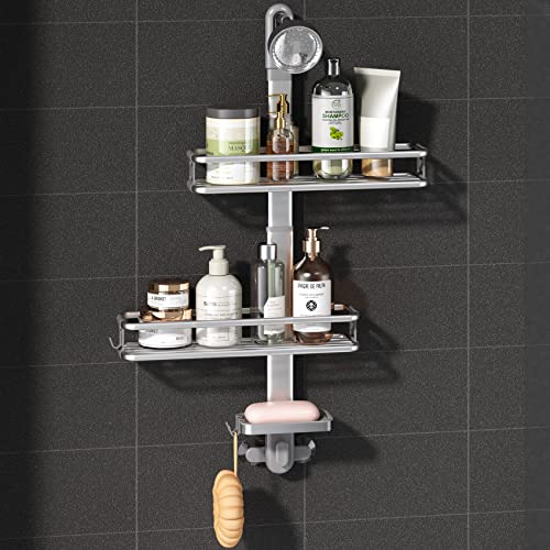 Kitstorack Shower Caddy Over Shower Head,3 Tier Aluminum Bathroom Hanging Shower caddy,Bathroom Accessories Storage Rustproof Shower Shelves with Soap Holder Razor Holder for Bathroom Organizer