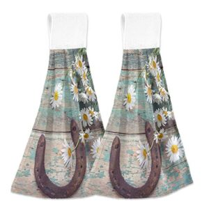 rusty horseshoe daisies on wood 2 pcs hanging kitchen hand towels, hanging tie towels with hook & loop washcloth dishcloths sets decorative absorbent tea bar bath hand towel