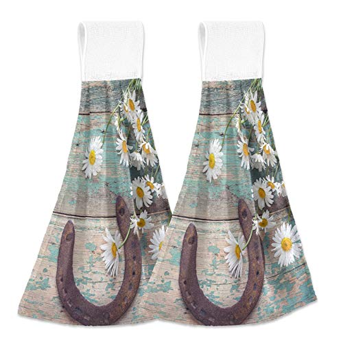 Rusty Horseshoe Daisies On Wood 2 Pcs Hanging Kitchen Hand Towels, Hanging Tie Towels with Hook & Loop Washcloth Dishcloths Sets Decorative Absorbent Tea Bar Bath Hand Towel