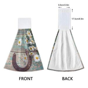 Rusty Horseshoe Daisies On Wood 2 Pcs Hanging Kitchen Hand Towels, Hanging Tie Towels with Hook & Loop Washcloth Dishcloths Sets Decorative Absorbent Tea Bar Bath Hand Towel