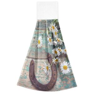 Rusty Horseshoe Daisies On Wood 2 Pcs Hanging Kitchen Hand Towels, Hanging Tie Towels with Hook & Loop Washcloth Dishcloths Sets Decorative Absorbent Tea Bar Bath Hand Towel