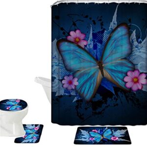 hugs idea blue butterfly 16 piece bathroom mat set shower curtain sets non slip soft bath mat + contour mat + toilet cover + shower curtain + 12 hooks