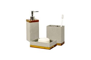 nu steel nusteel concrete, made of cement bath accessory set for vanity countertops, 3 piece luxury ensemble dish, toothbrush holder, soap and lotion pump, grey stone/brown