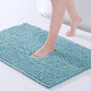 freshmint chenille bathroom rugs non-slip bath mat 24”x16.5“, washable soft shower mat, for bathroom floor & tub fluffy shag bath rugs, durable thick water absorbent microfiber shower rugs, blue