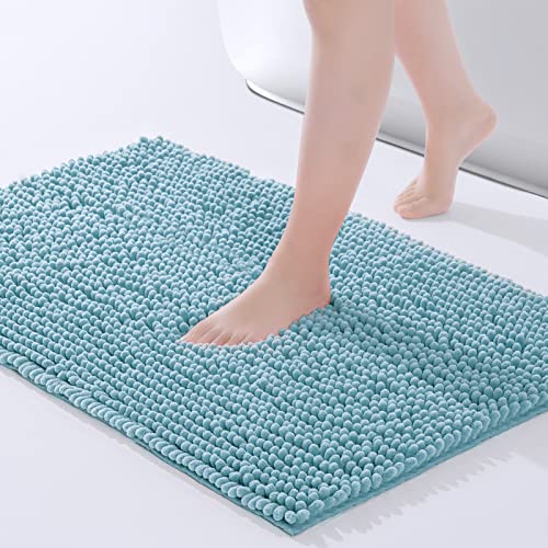 FRESHMINT Chenille Bathroom Rugs Non-Slip Bath Mat 24”x16.5“, Washable Soft Shower Mat, for Bathroom Floor & Tub Fluffy Shag Bath Rugs, Durable Thick Water Absorbent Microfiber Shower Rugs, Blue