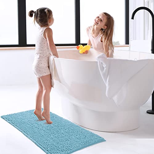 FRESHMINT Chenille Bathroom Rugs Non-Slip Bath Mat 24”x16.5“, Washable Soft Shower Mat, for Bathroom Floor & Tub Fluffy Shag Bath Rugs, Durable Thick Water Absorbent Microfiber Shower Rugs, Blue