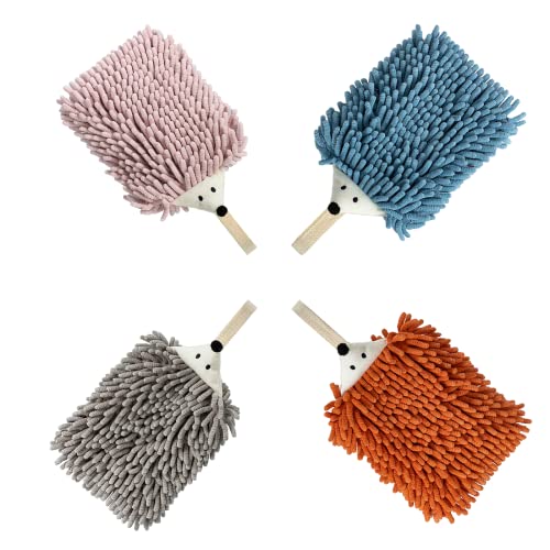 Cute Hedgehog Chenille Hand Drying Towels for Kitchen and Bathroom, Hanging Funny Hand Microfiber Towel with Button Loop, Set of 4