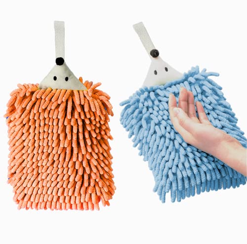 Cute Hedgehog Chenille Hand Drying Towels for Kitchen and Bathroom, Hanging Funny Hand Microfiber Towel with Button Loop, Set of 4