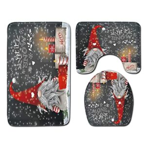 cherse christmas gnome 3 piece bath rugs sets santa claus gnome bathroom mats set non slip water absorbent u-shaped contour toilet mat winter snowy toilet lid cover (gnome a008)