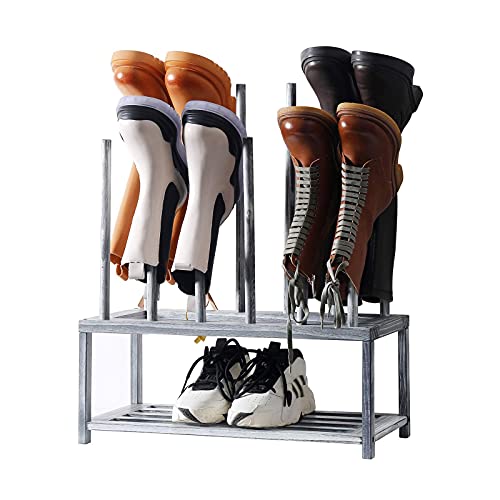 WELLAND 2-Tier Boot Storage Rack for Tall Boots and Shoes, Wooden Boot Holder Shoes Storage Organizer Rack, Holds 8 Pairs, Suitable for Rain Boot, Work Boot, Knee-high Boot, Washed White