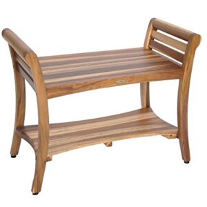 EcoDecors Symmetry Shower Bench Natural Teak Wood Shower Bench with Shelf and LiftAide Arms 30" Long Wood Shower Stool in EarthyTeak Finish for Indoors and Outdoors