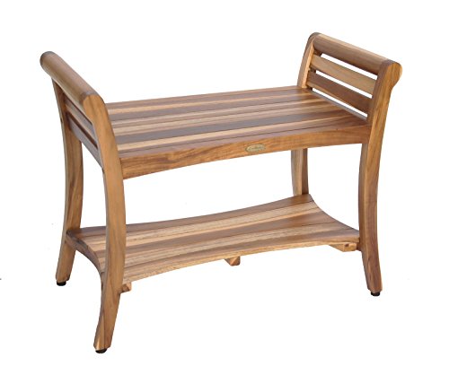 EcoDecors Symmetry Shower Bench Natural Teak Wood Shower Bench with Shelf and LiftAide Arms 30" Long Wood Shower Stool in EarthyTeak Finish for Indoors and Outdoors