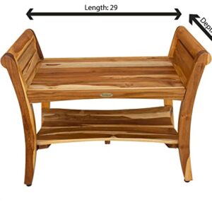 EcoDecors Symmetry Shower Bench Natural Teak Wood Shower Bench with Shelf and LiftAide Arms 30" Long Wood Shower Stool in EarthyTeak Finish for Indoors and Outdoors