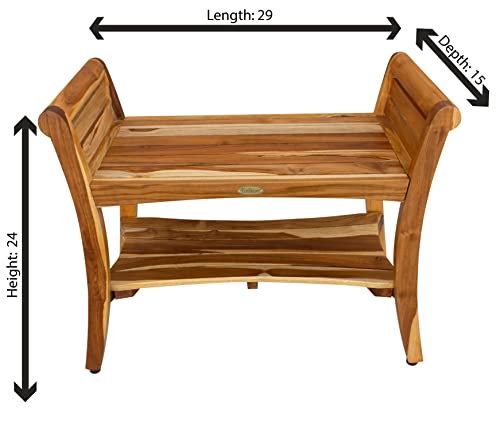 EcoDecors Symmetry Shower Bench Natural Teak Wood Shower Bench with Shelf and LiftAide Arms 30" Long Wood Shower Stool in EarthyTeak Finish for Indoors and Outdoors