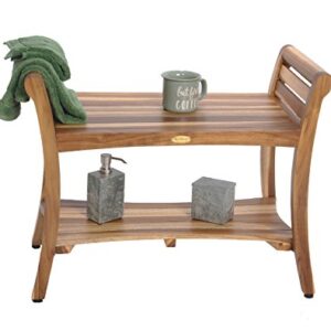 EcoDecors Symmetry Shower Bench Natural Teak Wood Shower Bench with Shelf and LiftAide Arms 30" Long Wood Shower Stool in EarthyTeak Finish for Indoors and Outdoors