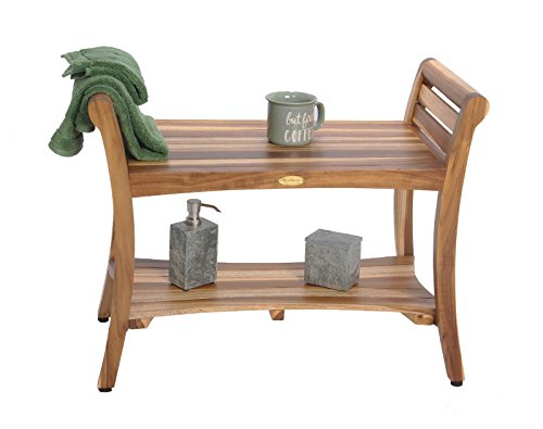 EcoDecors Symmetry Shower Bench Natural Teak Wood Shower Bench with Shelf and LiftAide Arms 30" Long Wood Shower Stool in EarthyTeak Finish for Indoors and Outdoors