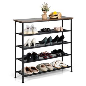 giantex 5-tier shoe rack, industrial adjustable metal shoe storage organizer w/ 4 metal mesh shelves for 16-20 pairs, adjustable feet, heavy duty steel frame, for entryway, hallway, dorm, rustic brown